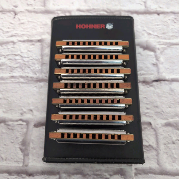 Hohner Blues Harps Harmonica Set - 7 Harmonicas w/ Leather Case ...