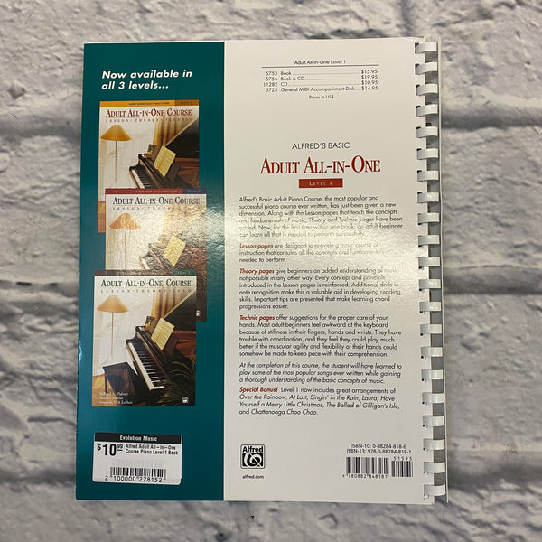 Alfred Adult All-in-One Course Piano Level 1 Book - Evolution Music